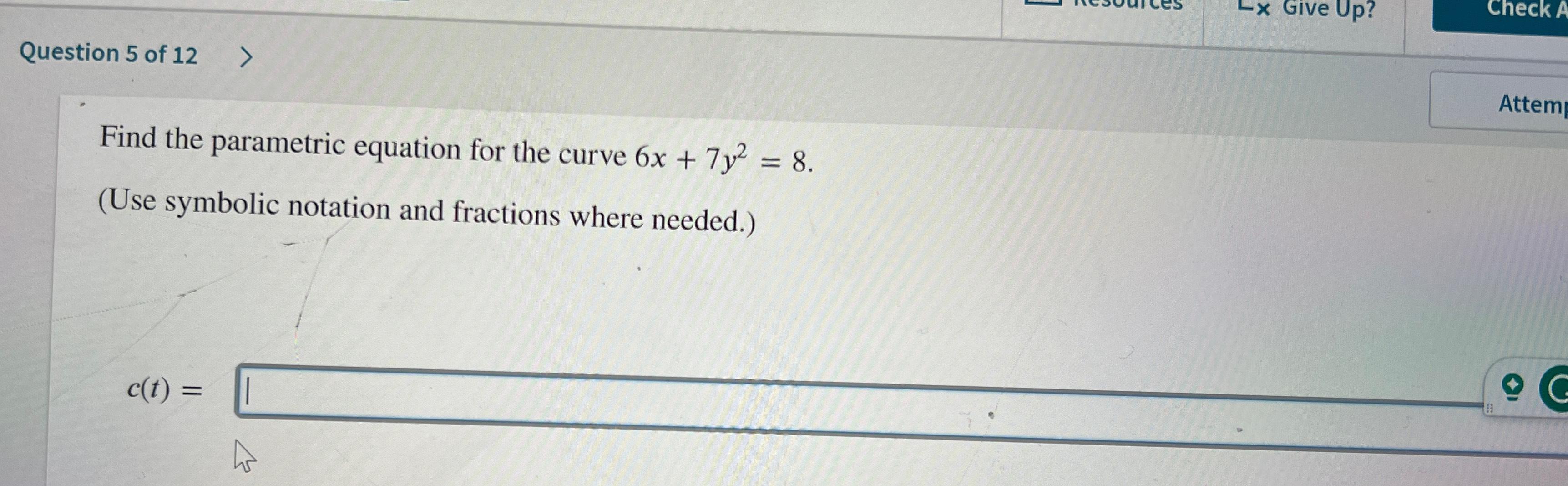 Solved Question 5 ﻿of 12Find the parametric equation for the | Chegg.com