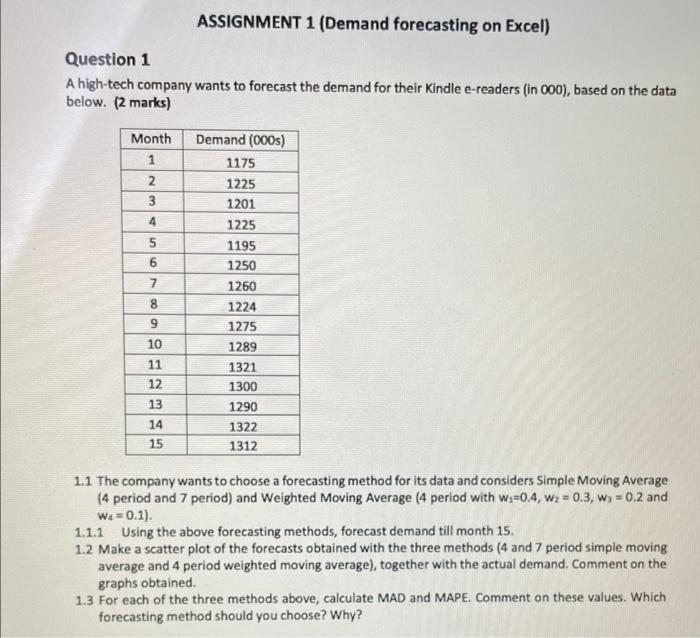 Solved ASSIGNMENT 1 (Demand forecasting on Excel) Question 1 | Chegg.com