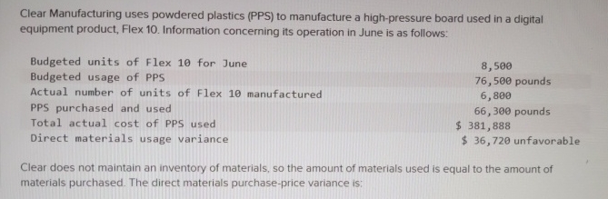 Solved Clear Manufacturing uses powdered plastics (PPS) ﻿to | Chegg.com