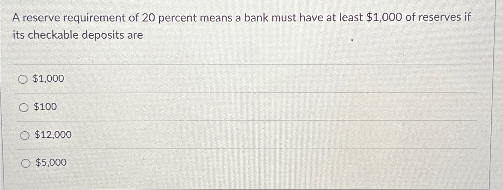 Solved A reserve requirement of 20 ﻿percent means a bank | Chegg.com