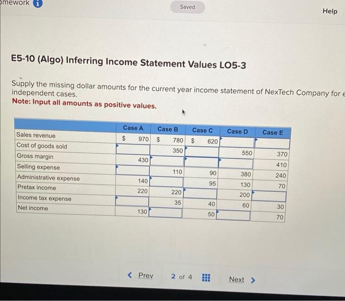 Solved E5-10 (Algo) Inferring Income Statement Values LO5-3 | Chegg.com