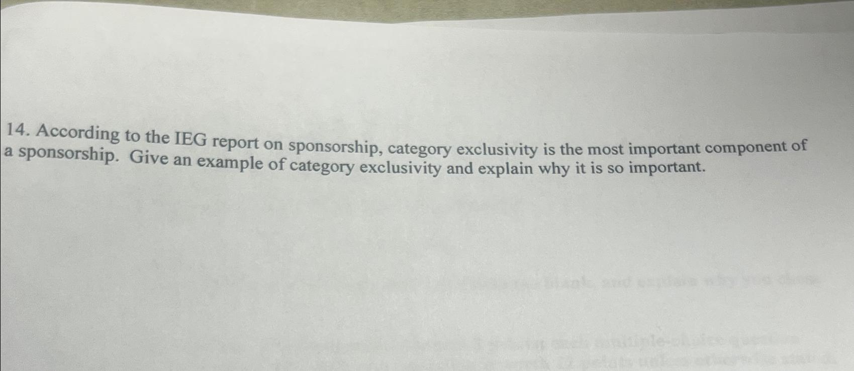 Solved According to the IEG report on sponsorship, category | Chegg.com