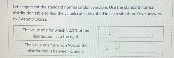 Solved Let z represent the standard normal random variable. | Chegg.com