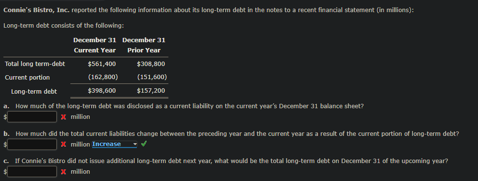 Solved Connie's Bistro, Inc. reported the following | Chegg.com