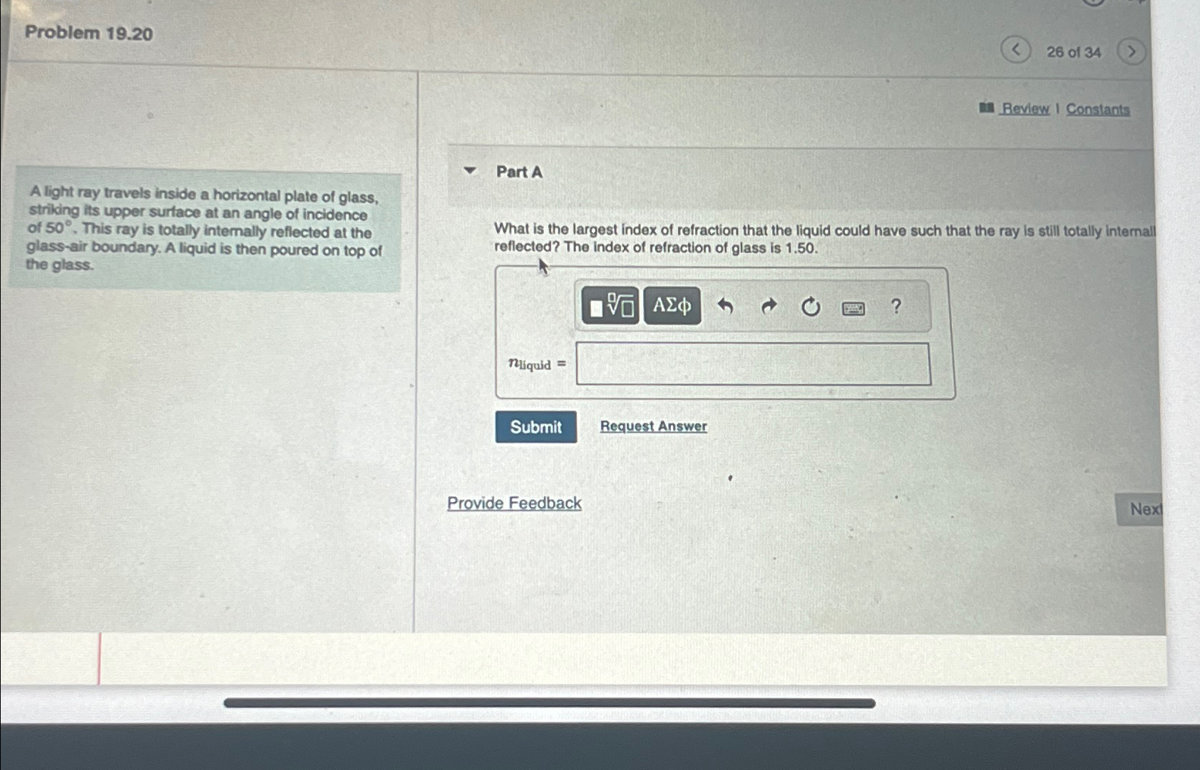 Solved Problem 19.2026 ﻿of 34A light ray travels inside a | Chegg.com