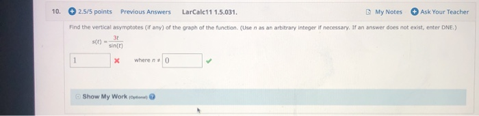 Solved 10. 2.5/5 points Previous Answers LarCalc111.5.031. | Chegg.com