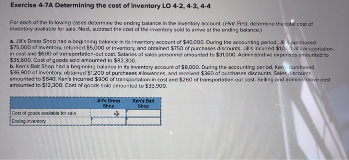 Solved Exercise 4-7A Determining the cost of inventory LO | Chegg.com