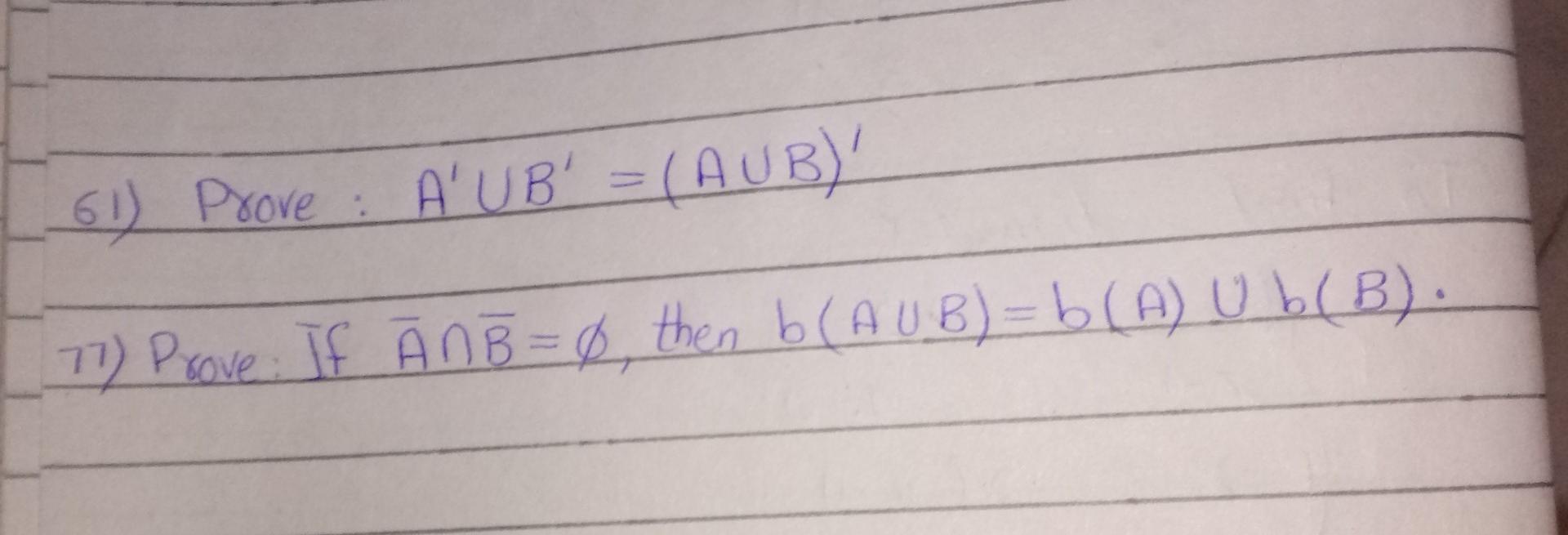 Solved 61) Prove: A'UB' = (AUB)' 77) Prove: If Ā nB = , then | Chegg.com