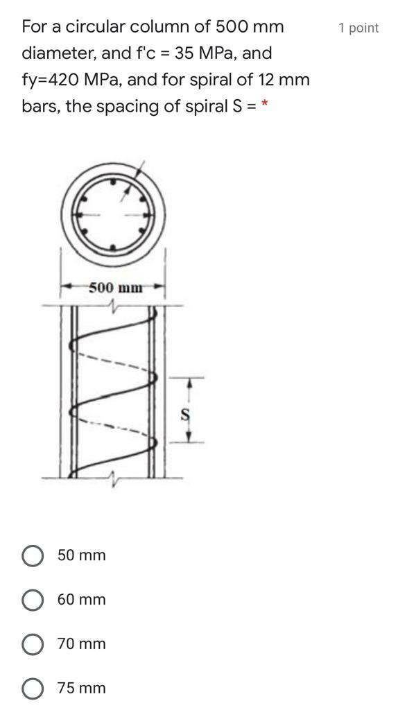 Solved For a circular column of 500 mm 1 point diameter, and | Chegg.com