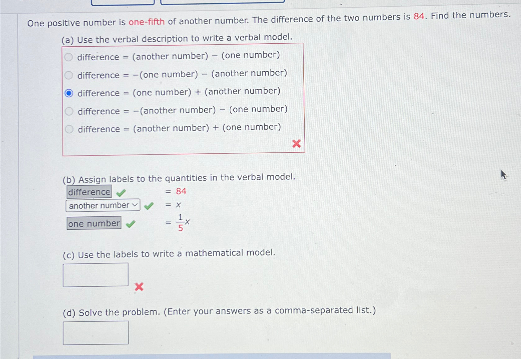 Solved One positive number is one-fifth of another number. | Chegg.com