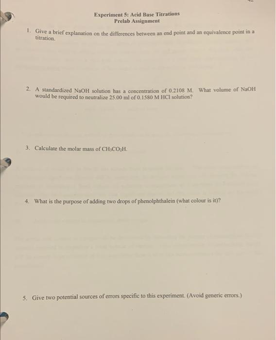 Solved Experiment 5: Acid Base Titrations Prelab Assignment | Chegg.com