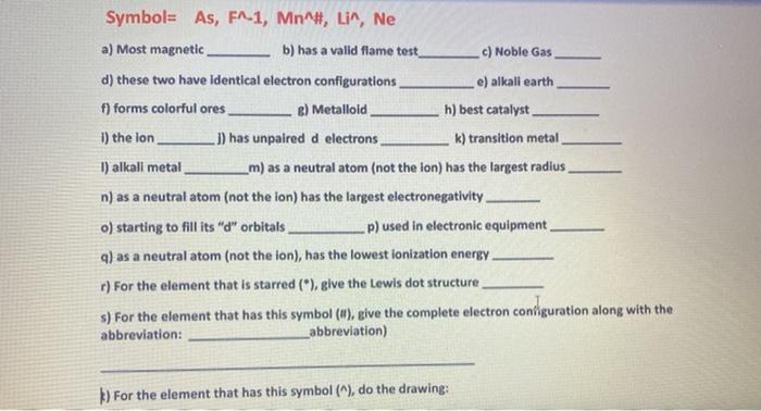Solved Symbol= As, F11, Mn"#, LIA, Ne a) Most magnetic b) | Chegg.com