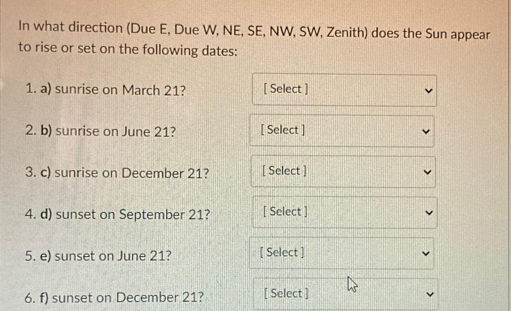 Solved In what direction (Due E, ﻿Due W, ﻿NE, ﻿SE, ﻿NW, ﻿SW, | Chegg.com