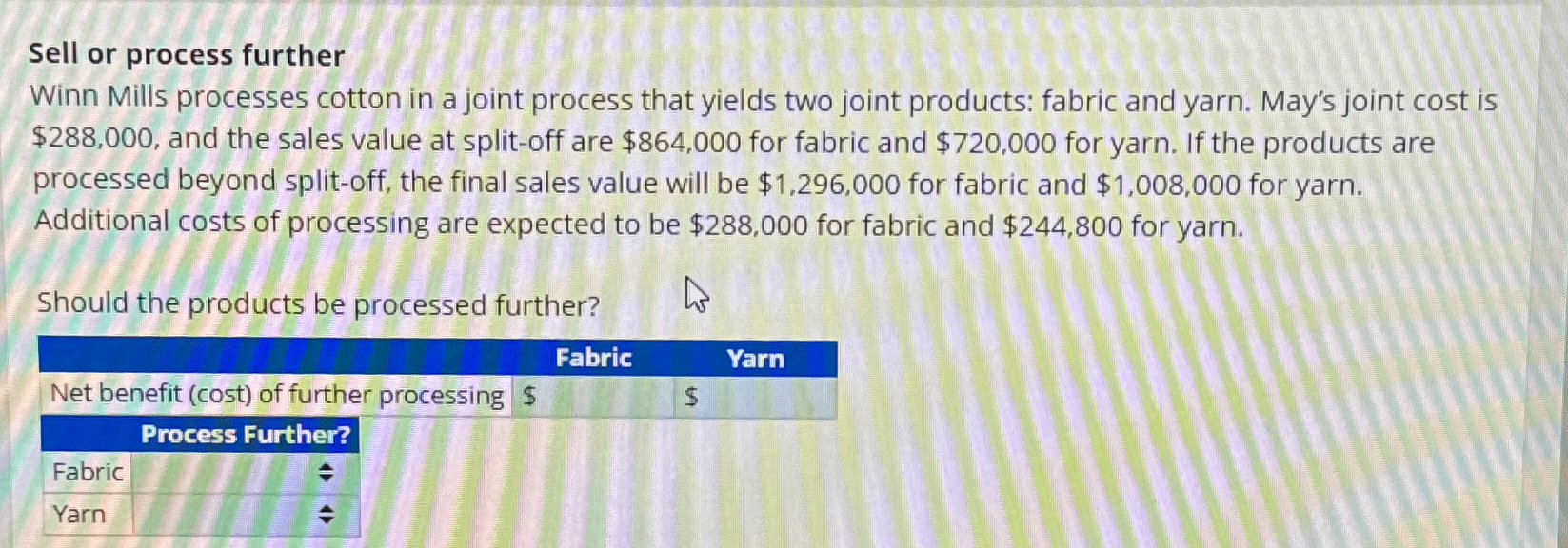 Solved Sell or process furtherWinn Mills processes cotton in | Chegg.com