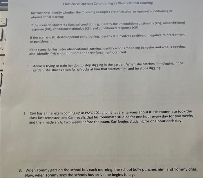 Solved Classical vs Operant Conditioning vs Observational | Chegg.com