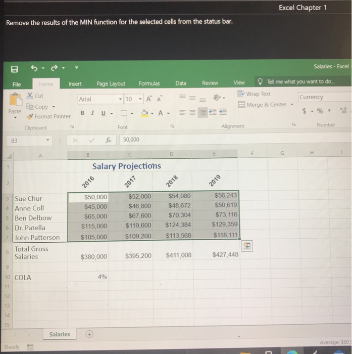 Solved Excel Chapter 1 Remove the results of the MIN | Chegg.com