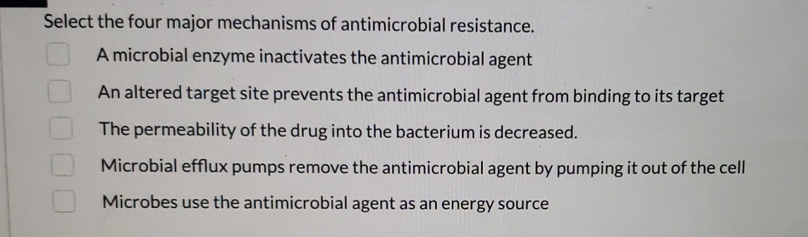 Solved Select the four major mechanisms of antimicrobial | Chegg.com