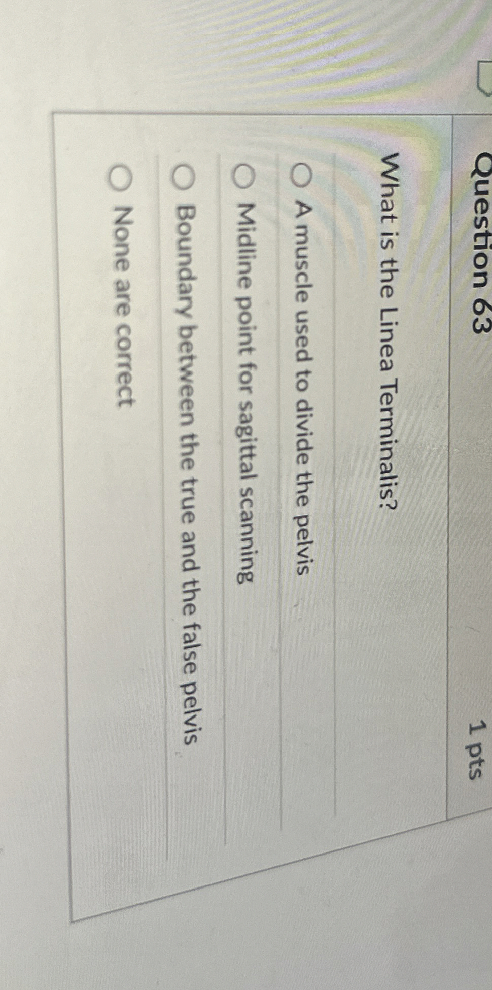 Solved Question 631 ﻿ptsWhat is the Linea Terminalis?A | Chegg.com
