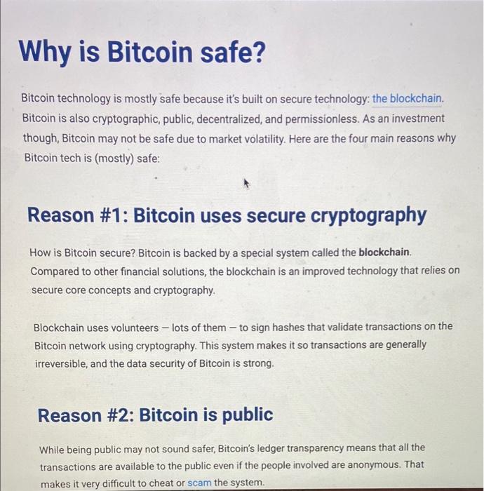 Solved Why is Bitcoin safe? Bitcoin technology is mostly | Chegg.com