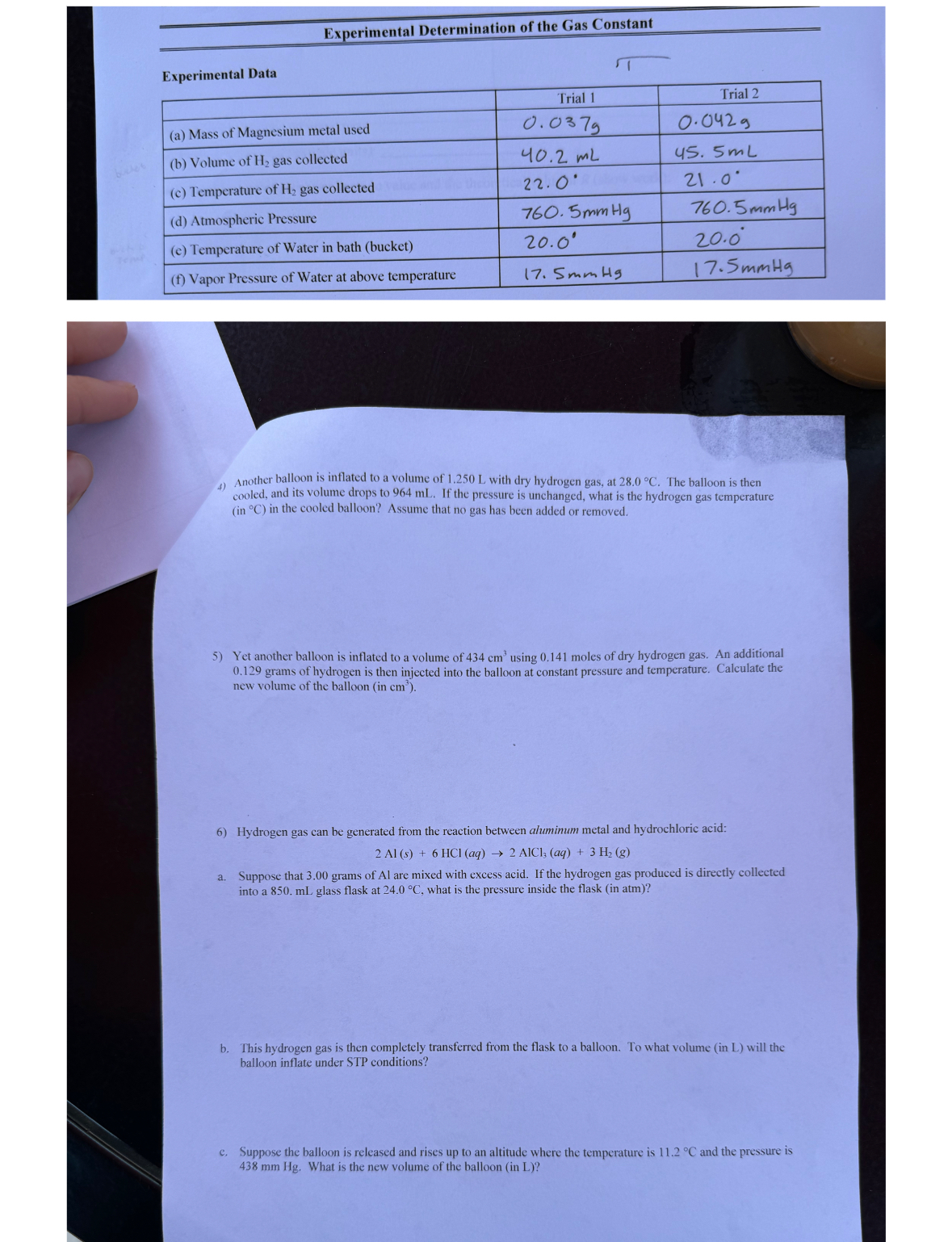 Solved Experimental Determination of the Gas | Chegg.com