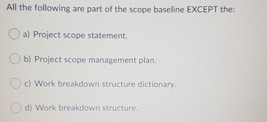 Solved All the following are part of the scope baseline | Chegg.com