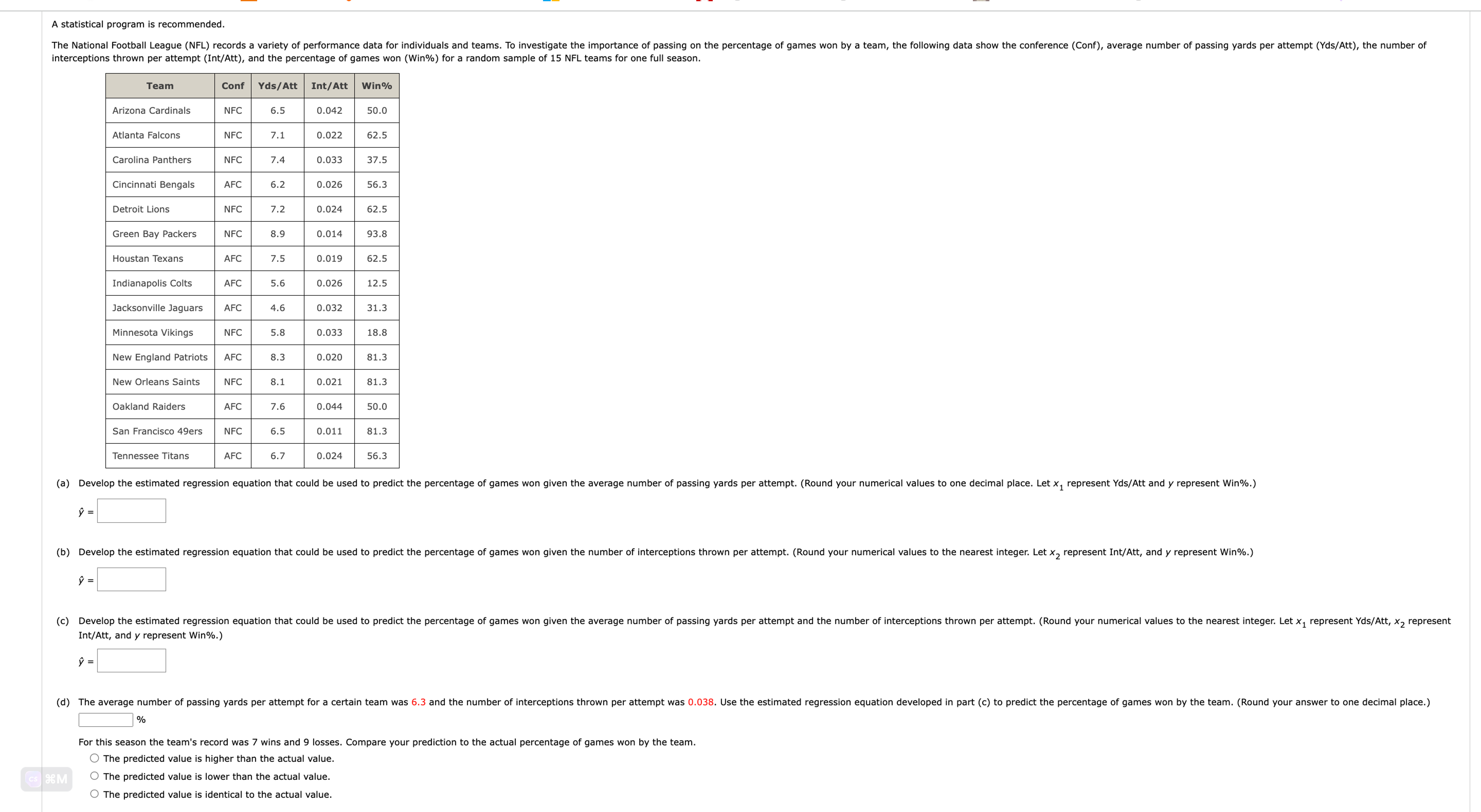 Solved A statistical program is recommended.interceptions | Chegg.com