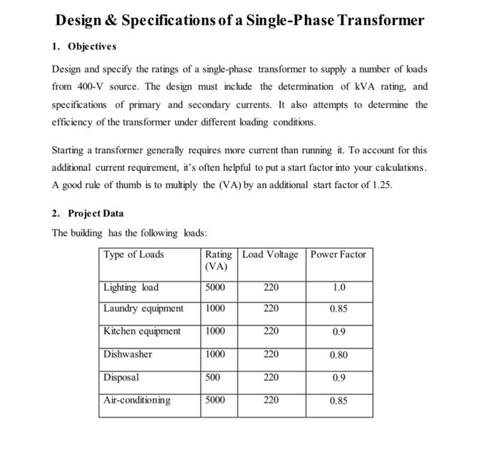Design \& Specifications of a Single-Phase | Chegg.com