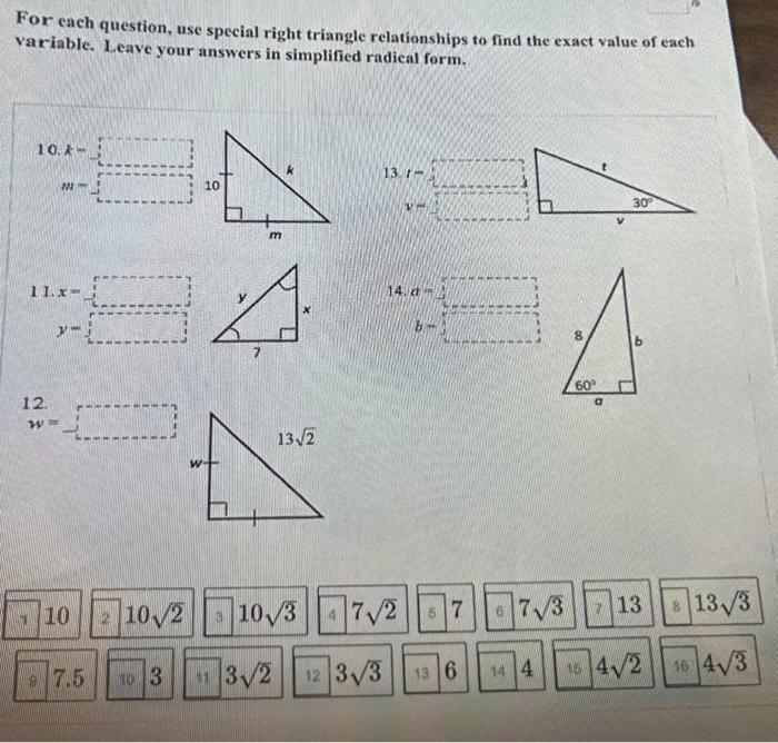 Solved For each question, use special right triangle | Chegg.com