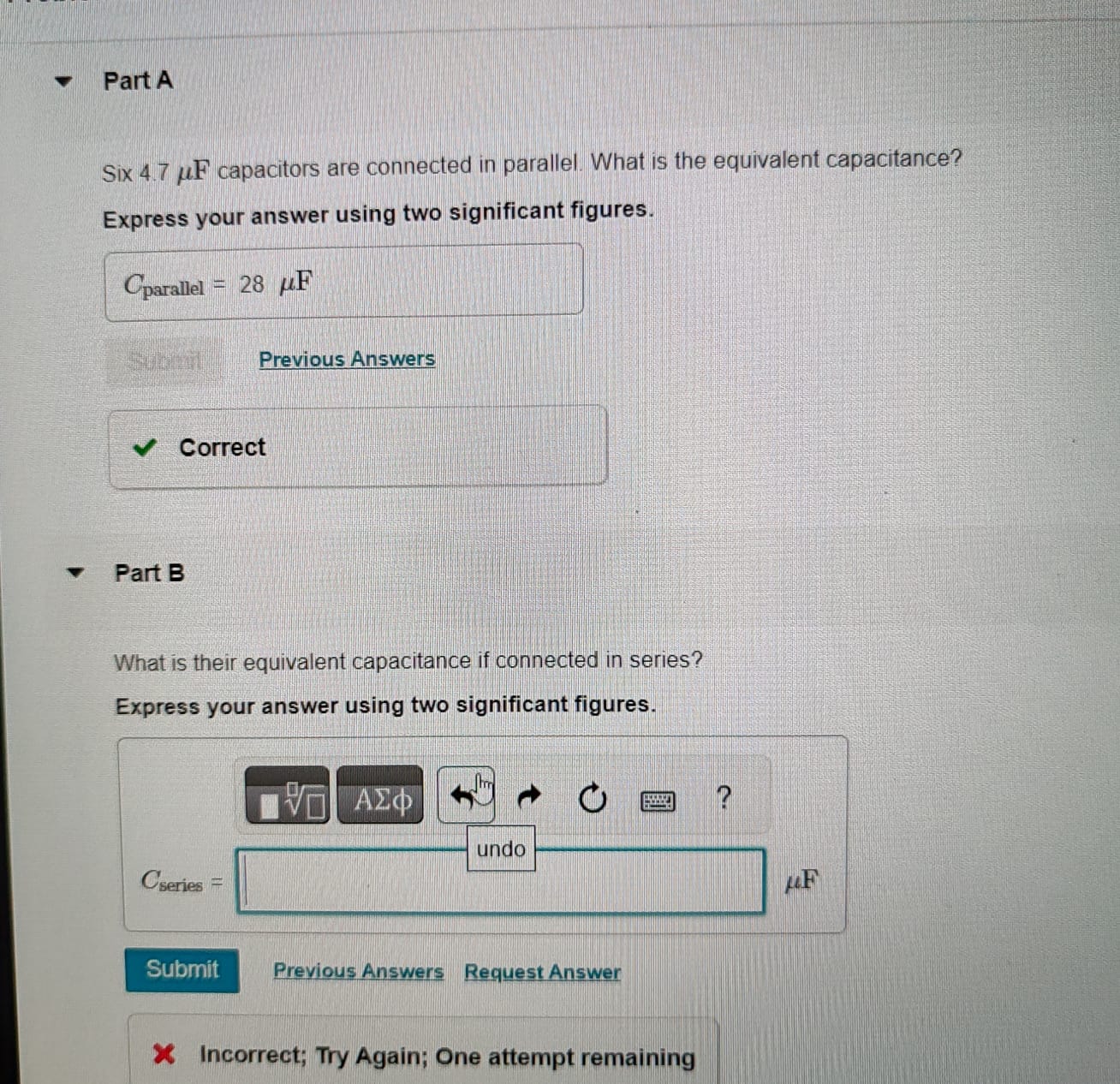 Solved Part ASix 4.7μF ﻿capacitors are connected in | Chegg.com