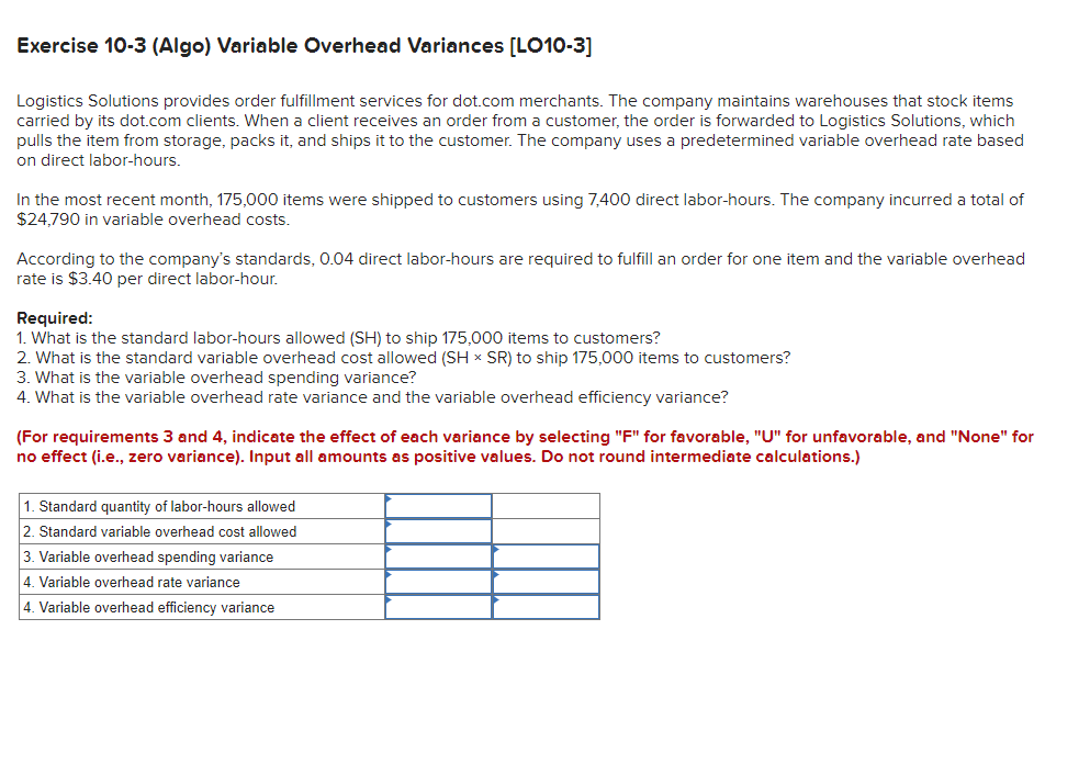 Solved Exercise 10-3 (Algo) ﻿Variable Overhead Variances | Chegg.com