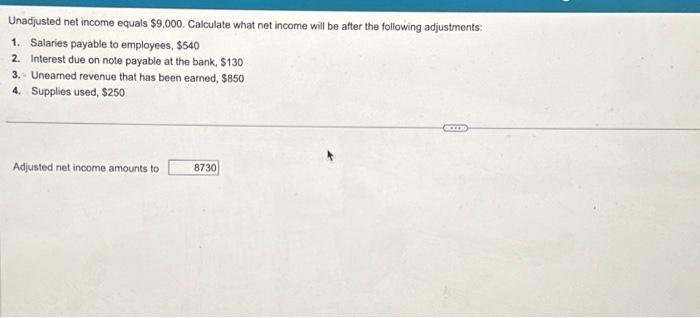 Solved Unadjusted net income equals $9,000. Calculate what | Chegg.com
