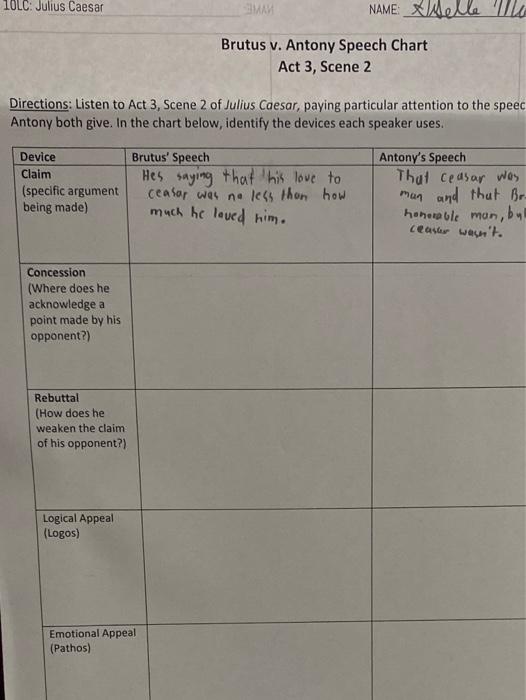 10LC: Julius Caesar NAME delle le Brutus v. Antony | Chegg.com