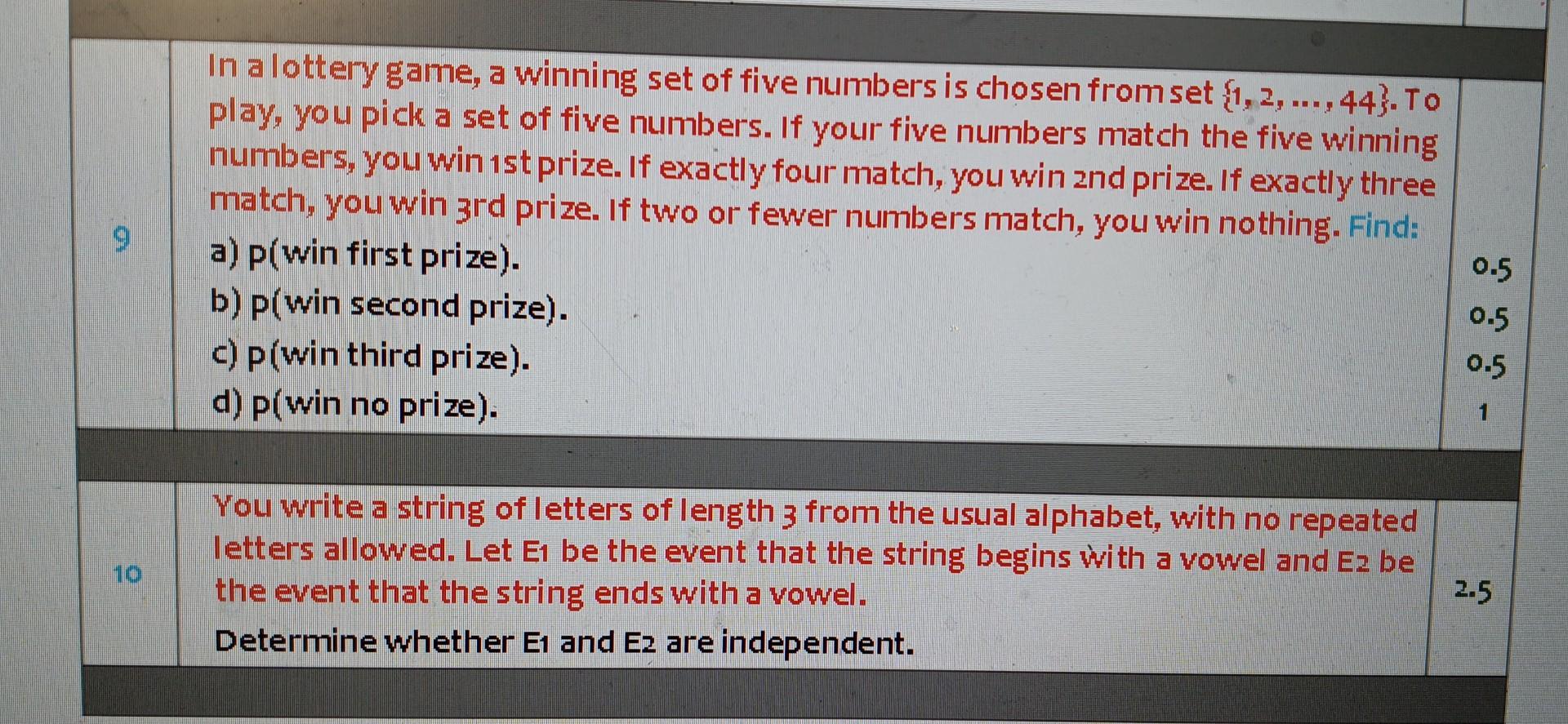 Solved II a lottery game, a winning set of five numbers is | Chegg.com