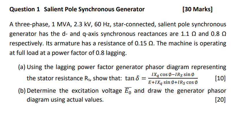 Solved Question 1 ﻿Salient Pole Synchronous Generator[30 | Chegg.com