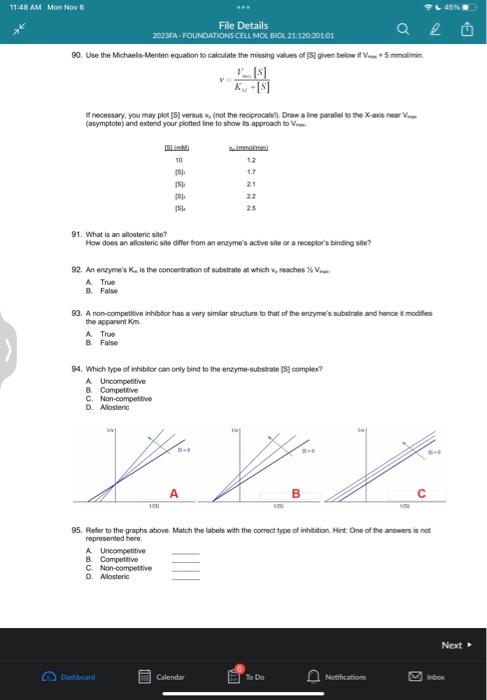 Solved 90 Use The Michaelis Menten Equation To Caiculate