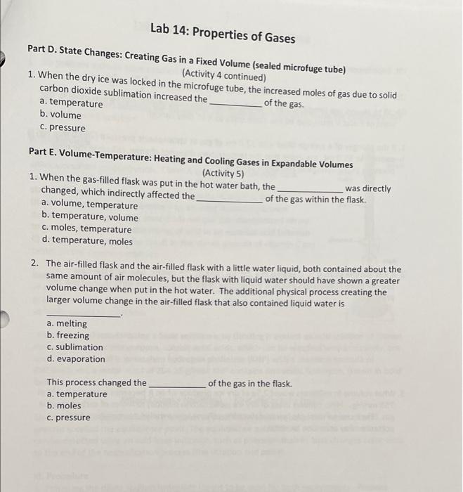 Solved Lab 14: Properties of Gases Name: Section: IV. Prelab | Chegg.com