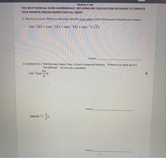 Solved Module 3 Lab YOU MUST SHOW ALL WORK ALGEBRAICALLY, | Chegg.com