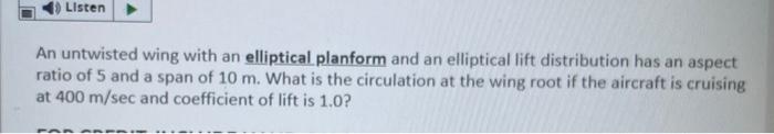 Solved Listen An untwisted wing with an elliptical planform | Chegg.com