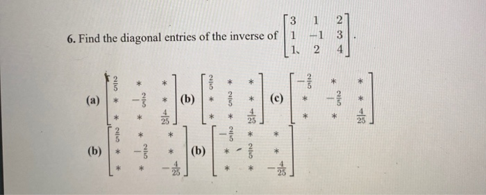 Solved 13 1 2 6. Find the diagonal entries of the inverse of | Chegg.com