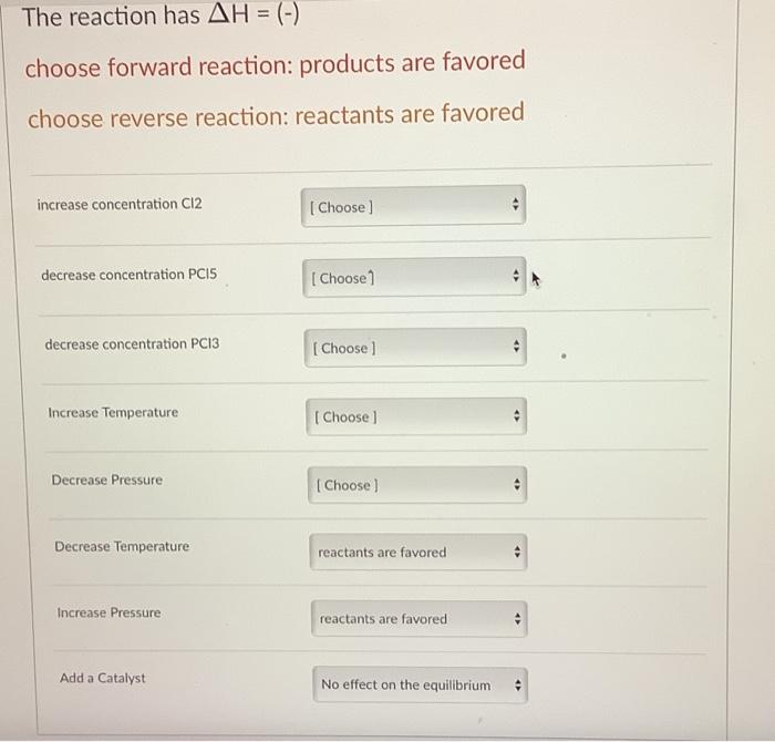 Solved The reaction has ΔH=(−) choose forward reaction: | Chegg.com