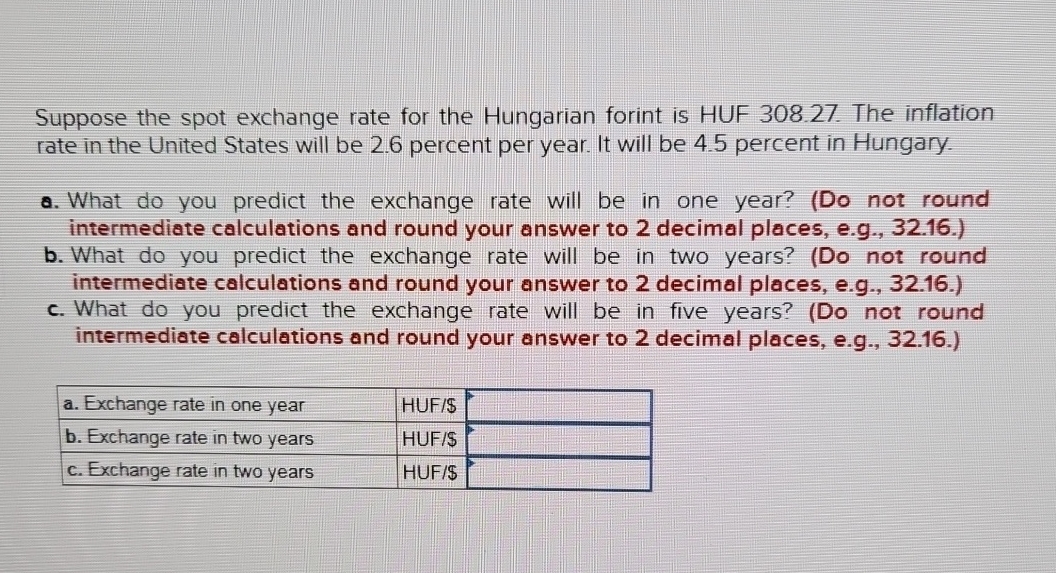 Solved Suppose the spot exchange rate for the Hungarian | Chegg.com