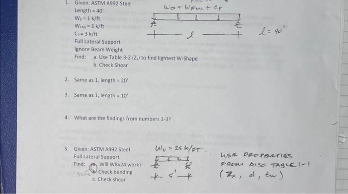 Solved 1. Given: ASTM A992 Steel Length =40∘WD=1k/ftWFML | Chegg.com