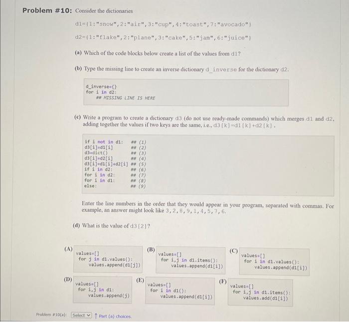 Solved Problem #10: Consider the dictionaries (A) (D) dl={1: | Chegg.com