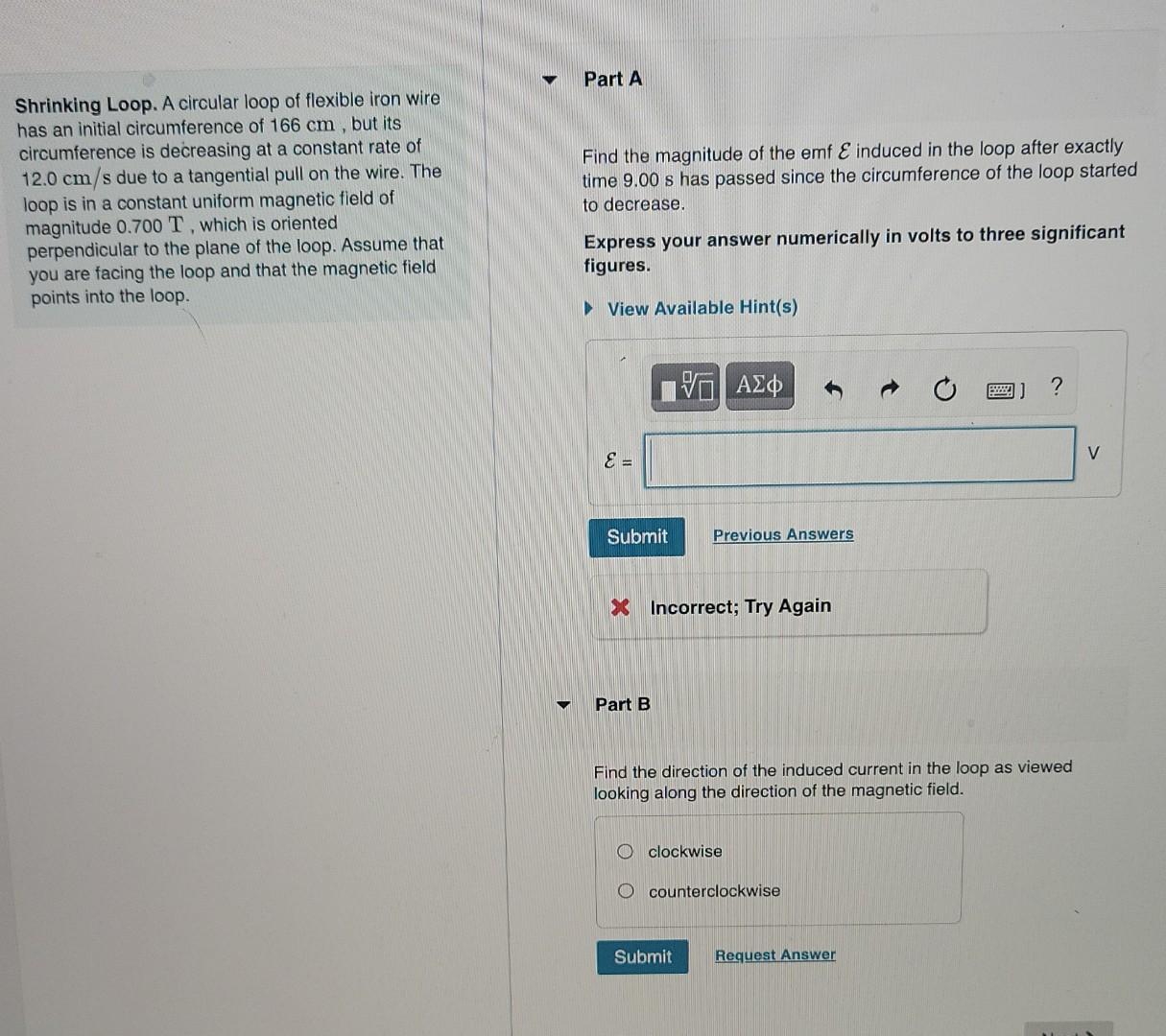 Solved Part A Shrinking Loop. A circular loop of flexible | Chegg.com