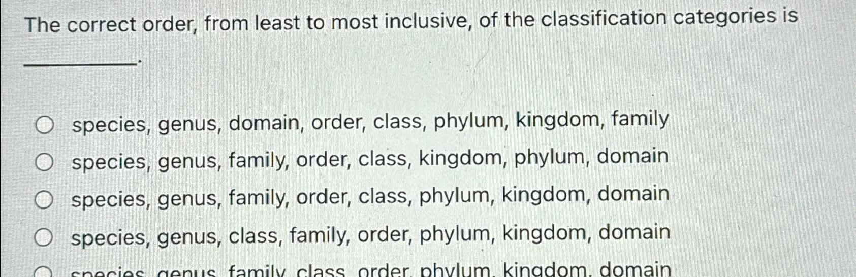 Solved The correct order, from least to most inclusive, of | Chegg.com