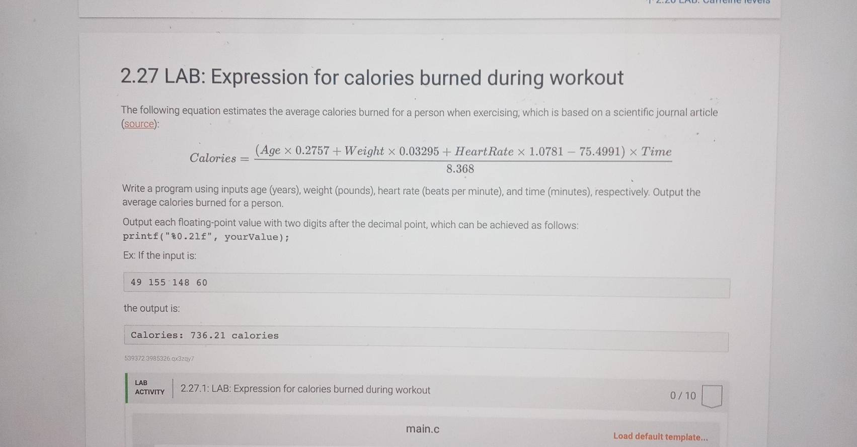 Solved 2.27 ﻿LAB: Expression for calories burned during | Chegg.com