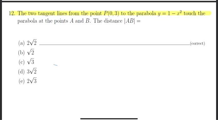 Solved 12. The two tangent lines from the point P(0,3) to | Chegg.com