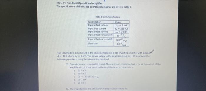 Solved MCQ VI: Non-Ideal Operational Amplifier The | Chegg.com
