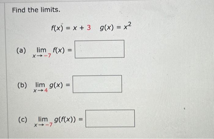 Solved Find the limits. f(x)=x+3g(x)=x2 (a) limx→−7f(x)= (b) | Chegg.com