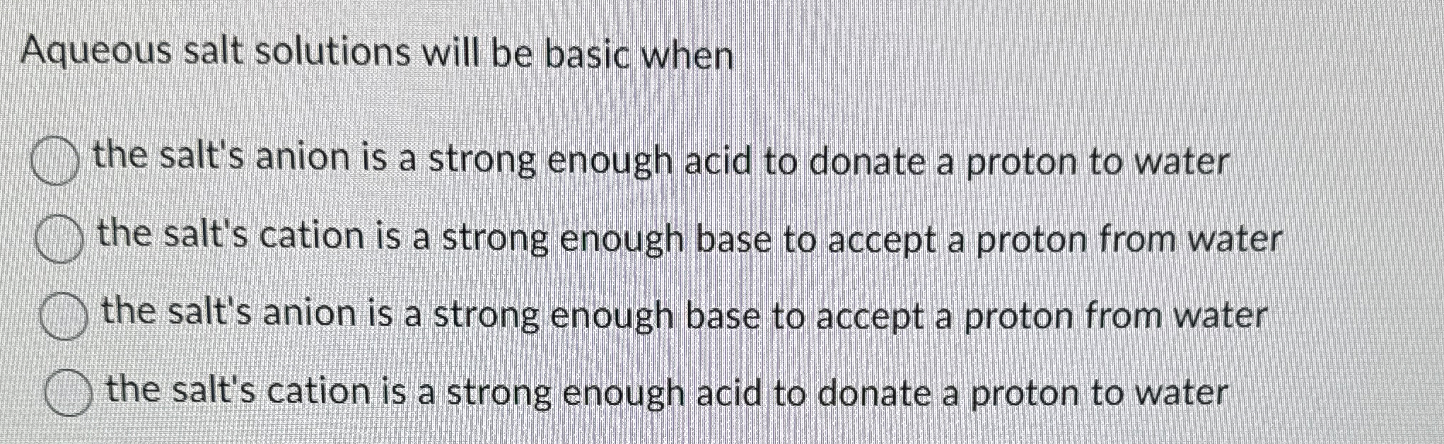 Solved Aqueous salt solutions will be basic whenthe salt's | Chegg.com